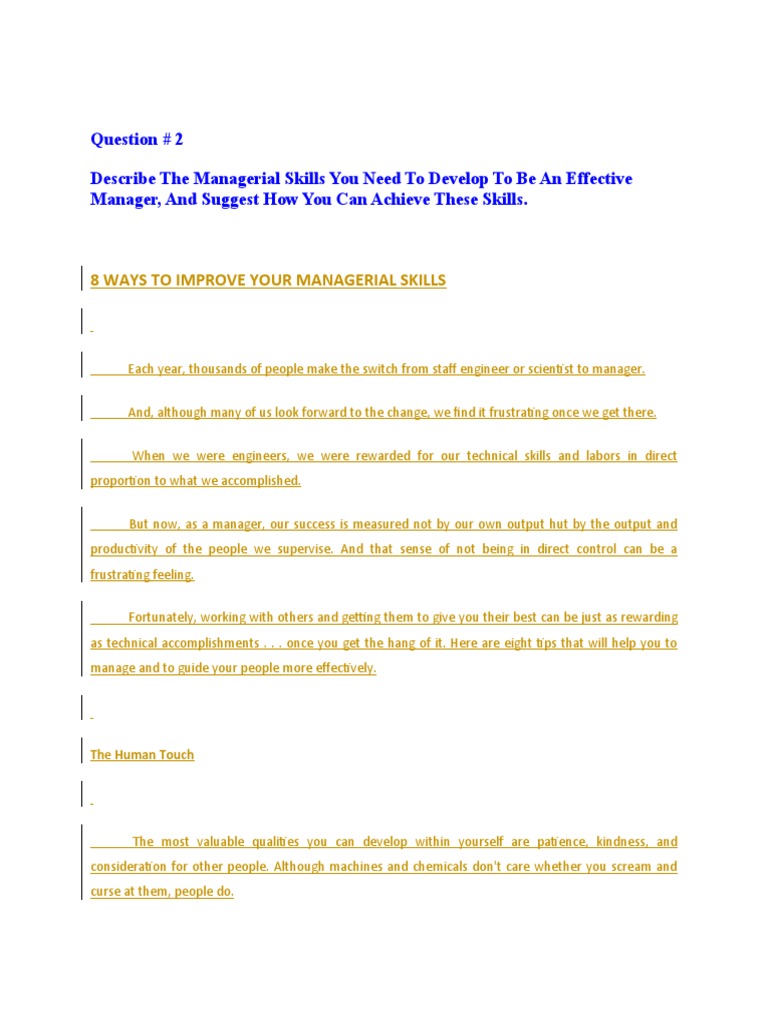 Question # 2 Describe The Managerial Skills You Need To Develop To Be ...