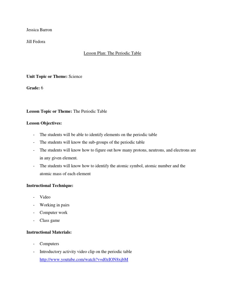 Periodic Table Lesson Plan for Grade 6 | PDF | Periodic Table ...