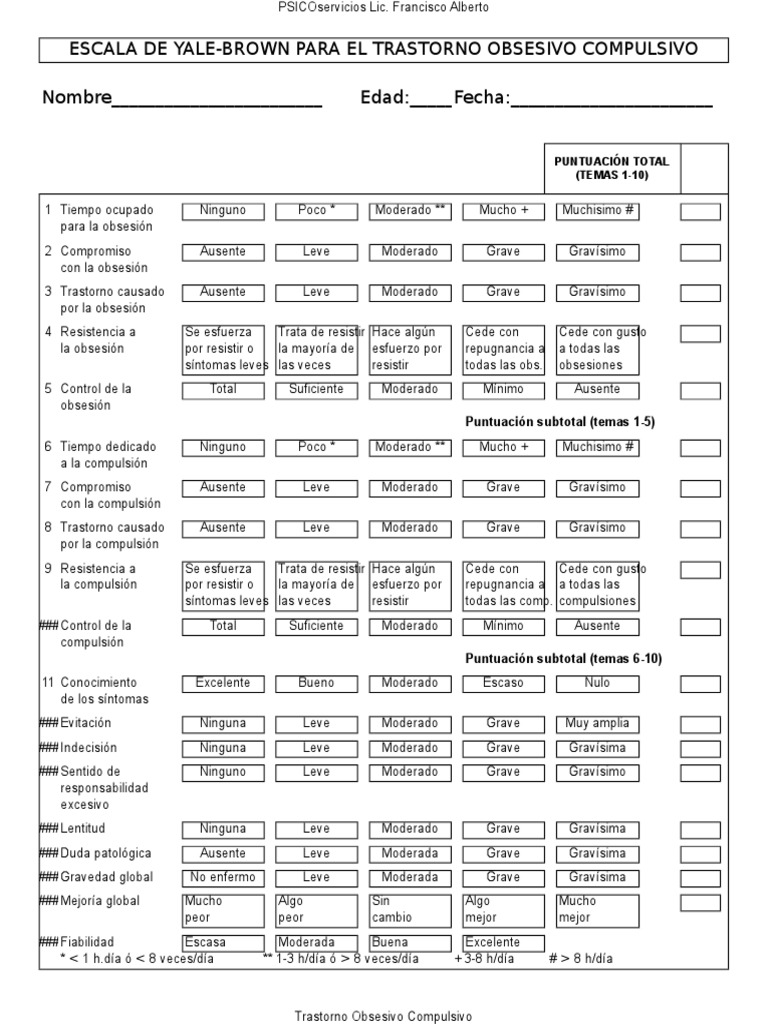Escala de Yale Brown TOC | Unduh gratis PDF | Desorden obsesivo compulsivo | Enfermedades y ...