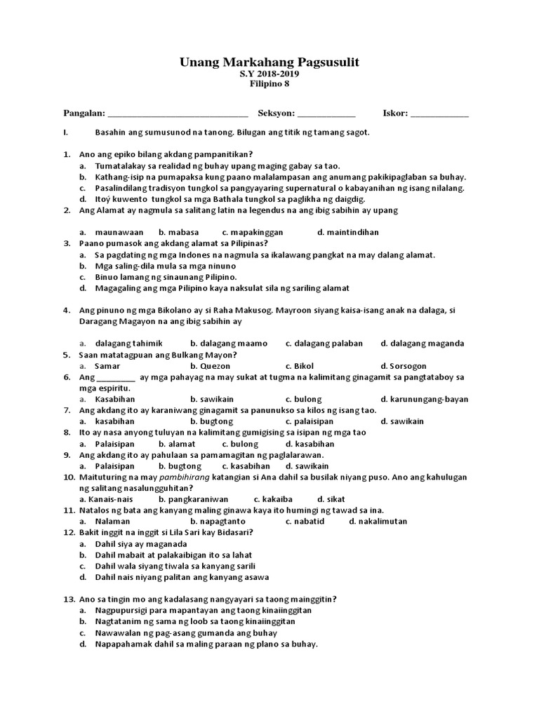 Pagsusulit Filipino 8 | PDF