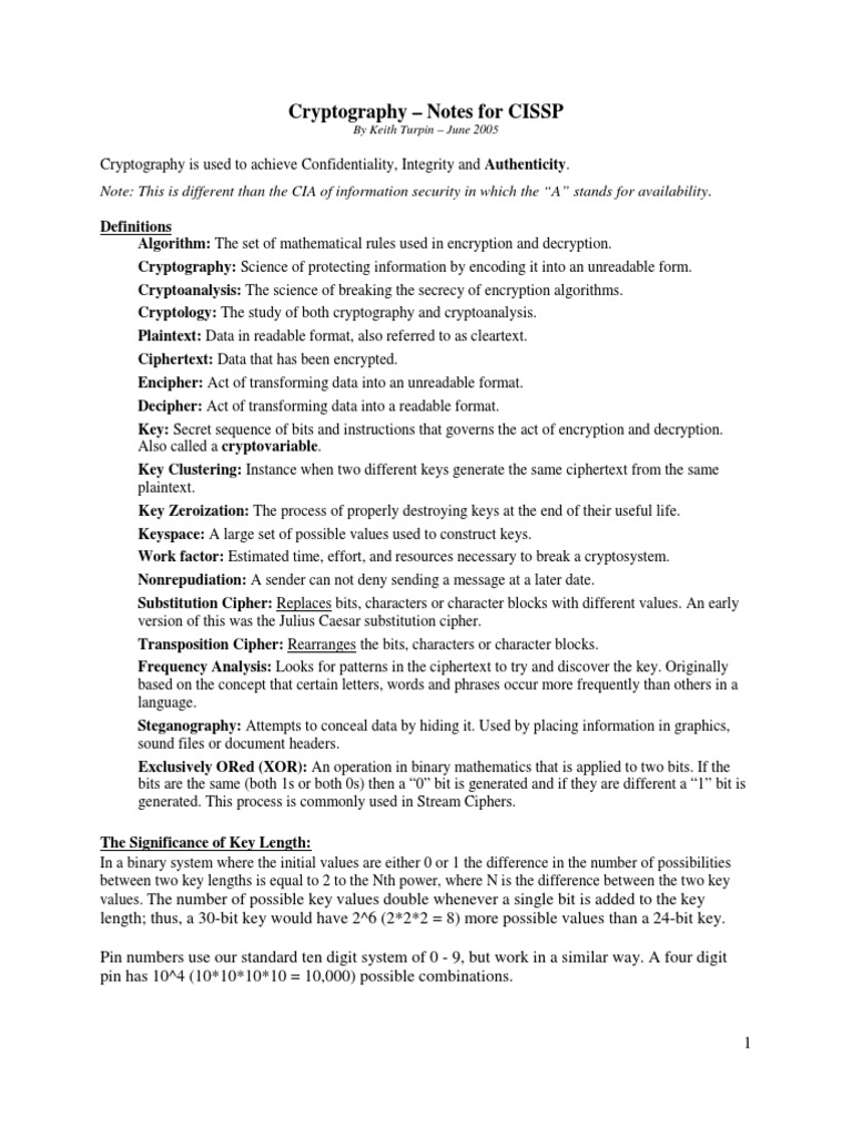 Cryptography - Notes For CISSP: by Keith Turpin - June 2005 | PDF ...