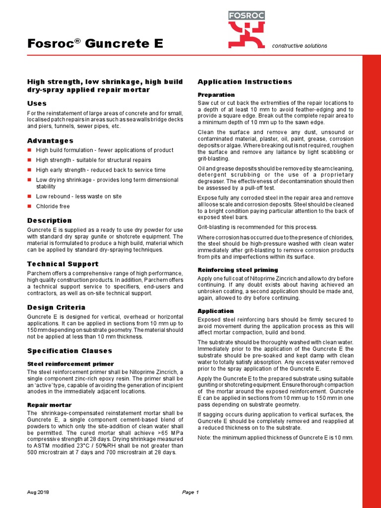 Fosroc Guncrete E: High Strength, Low Shrinkage, High Build Dry-Spray Applied Repair Mortar Uses ...