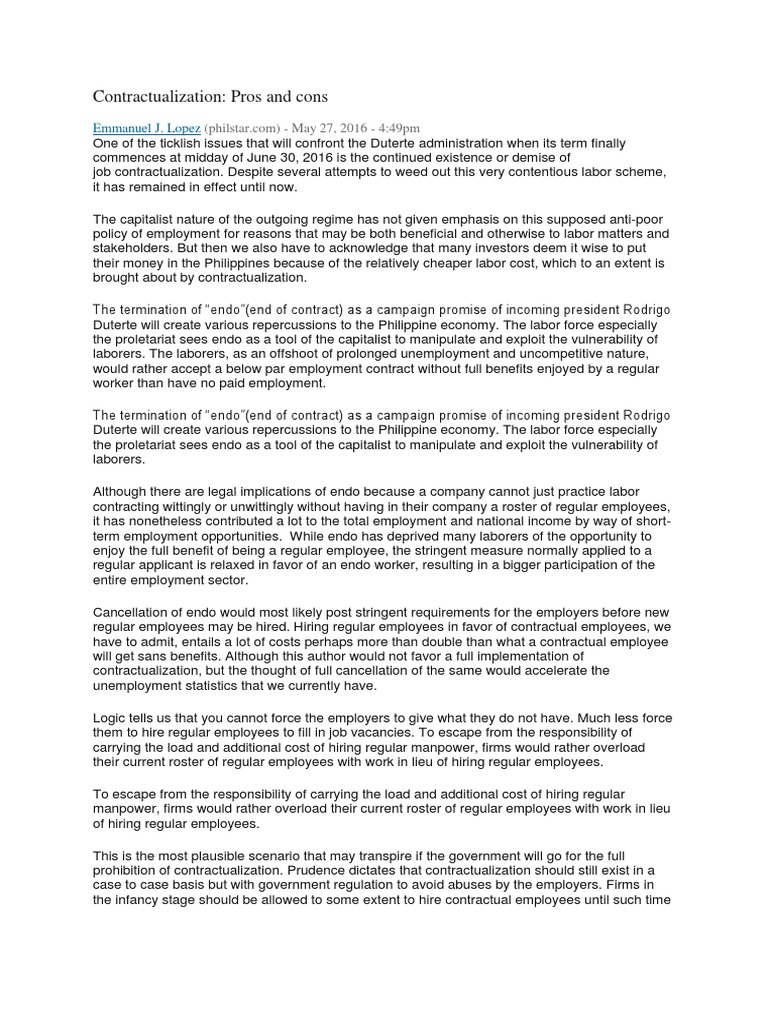 Contractualization: Pros and Cons: Emmanuel J. Lopez | PDF | Temporary ...