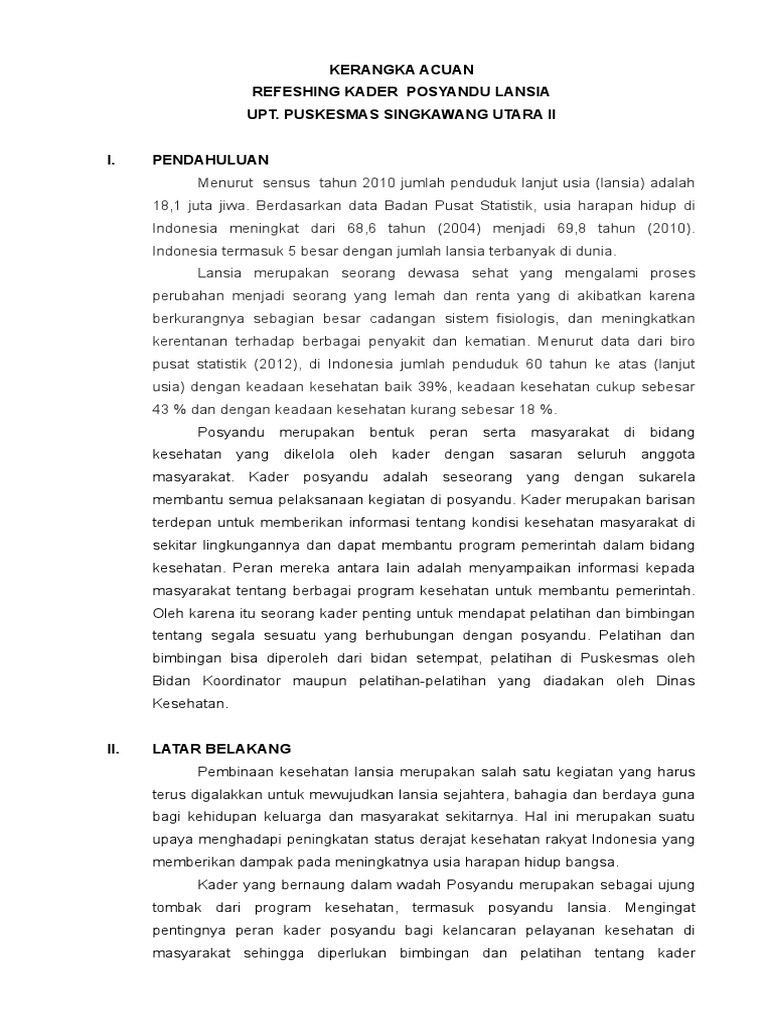 KAK Refreshing Kader Lansia | PDF | Pengembangan Diri | Kesehatan Holistik