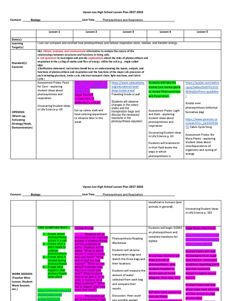 Photosynthesis & Respiration Lesson Plan | PDF | Photosynthesis ...