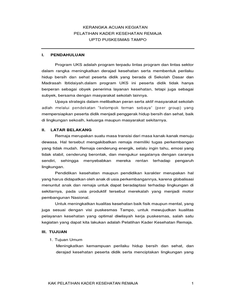 Kak Pelatihan Kader Kesehatan Remaja | PDF