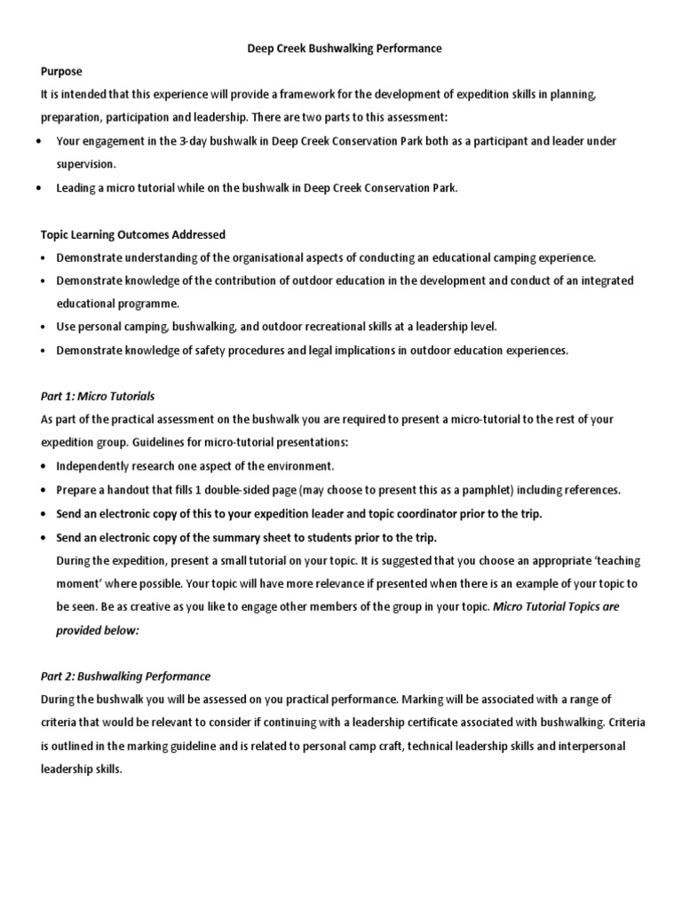A2 Bushwalking Performance and Micro Tutorial Self Evaluation | PDF ...