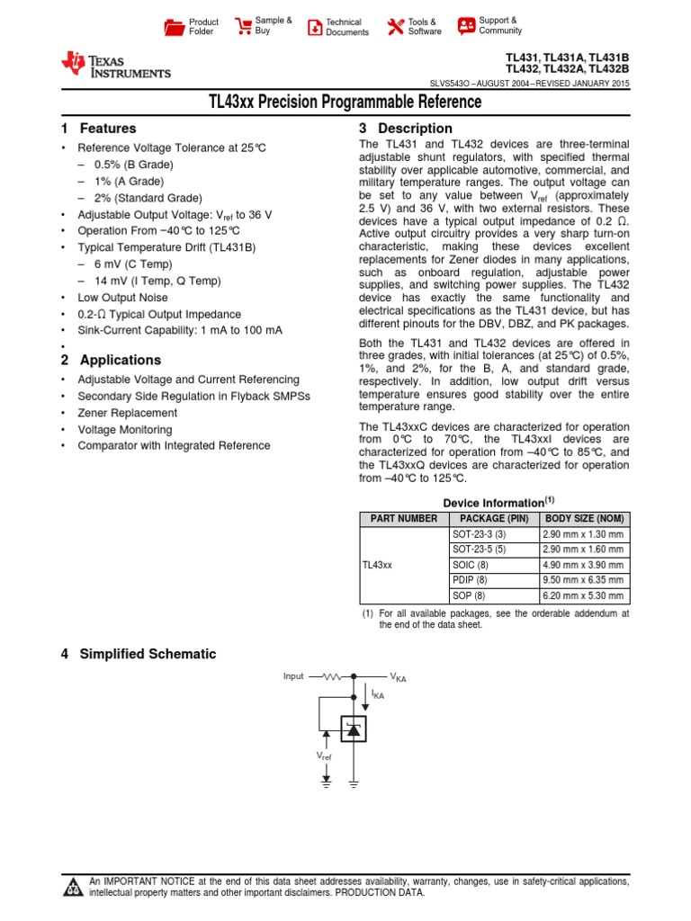 TL43xx Precision Programmable Reference: 1 Features 3 Description | PDF ...
