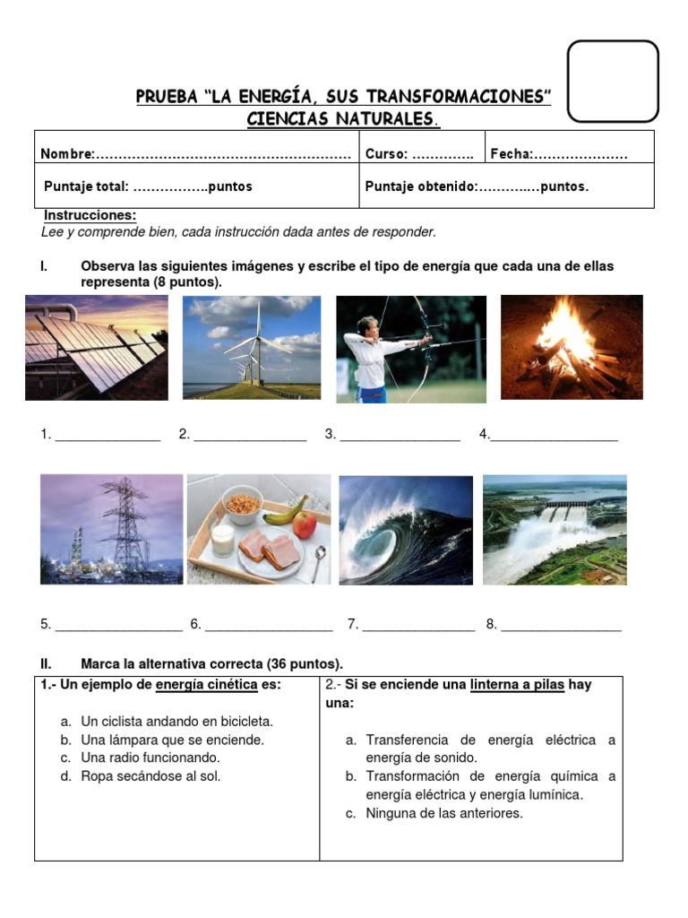 Prueba La Energía Sus Transformaciones Ciencias Naturales Calor