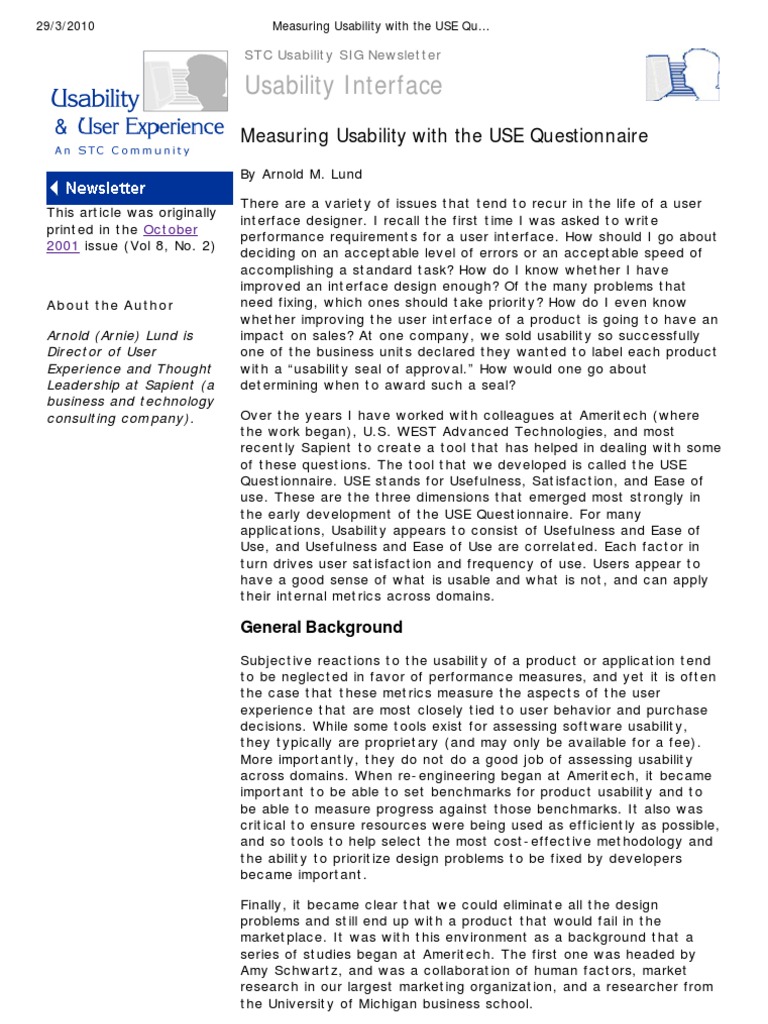 Measuring Usability With The USE Questionnaire | PDF | Usability | Applied Psychology