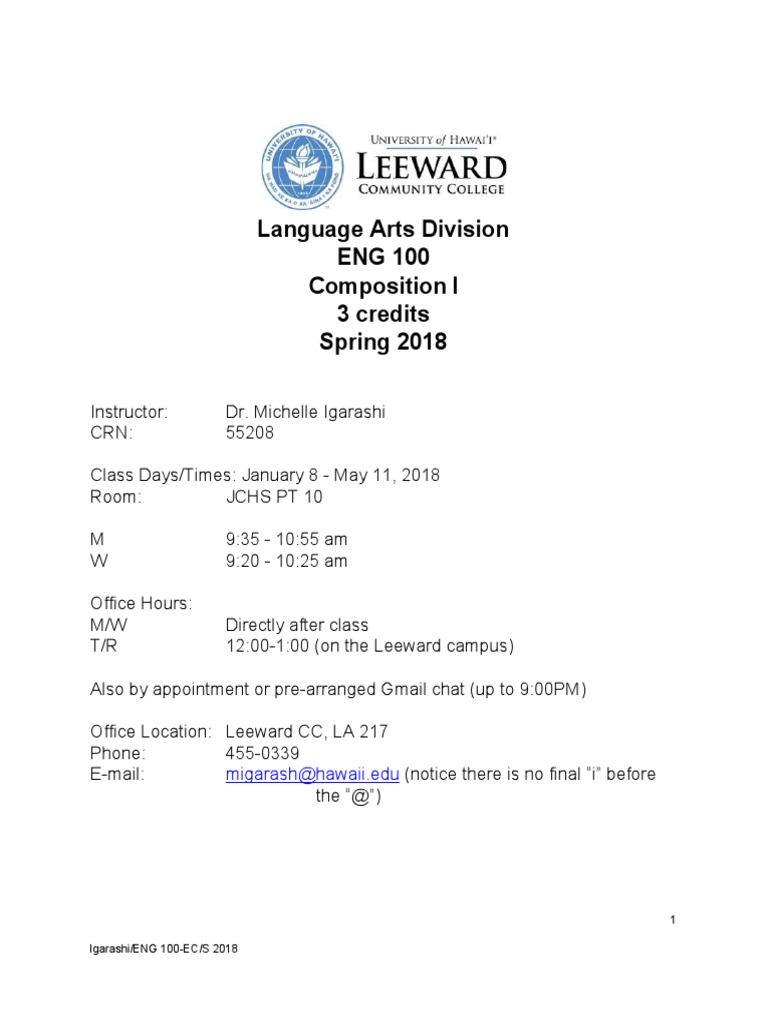 Early College s18 Eng 100 Igarashi Syllabus | PDF | Test (Assessment ...