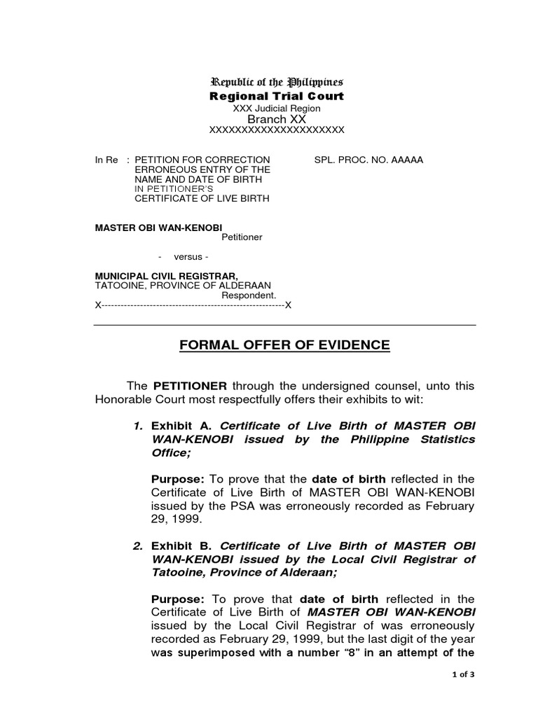 Formal Offer of Evidence | PDF | Obi Wan Kenobi | Separation Of Powers