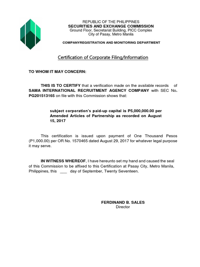 Certification of Corporate Filing/Information | PDF