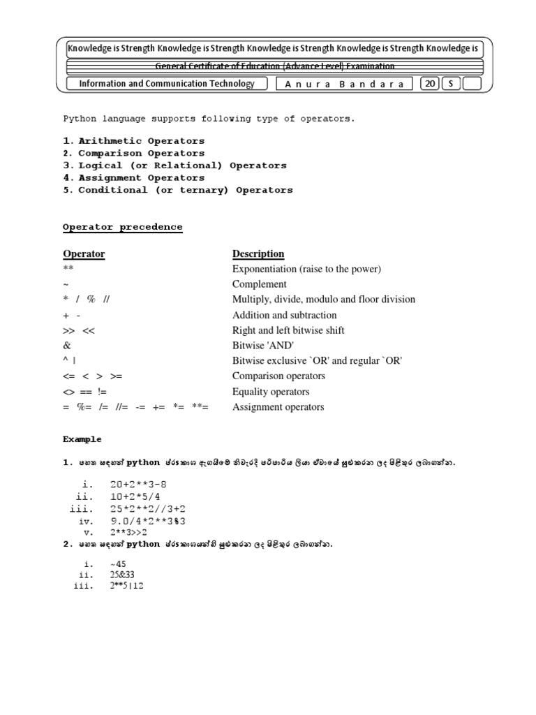Arithmetic Operators Comparison Operators 3. Logical (Or Relational ...