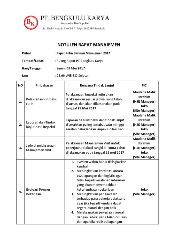 Notulen Rapat Manajemen 2017 | PDF