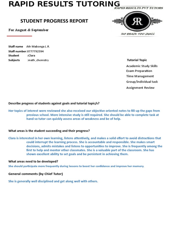 Tutorial-Progress-Report Tanatswa | PDF