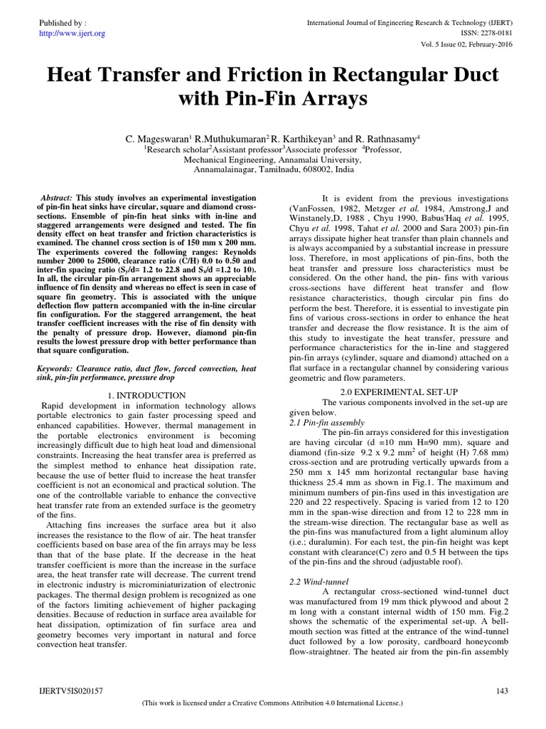 Heat Transfer and Friction in Rectangular Duct With Pin-Fin Arrays ...
