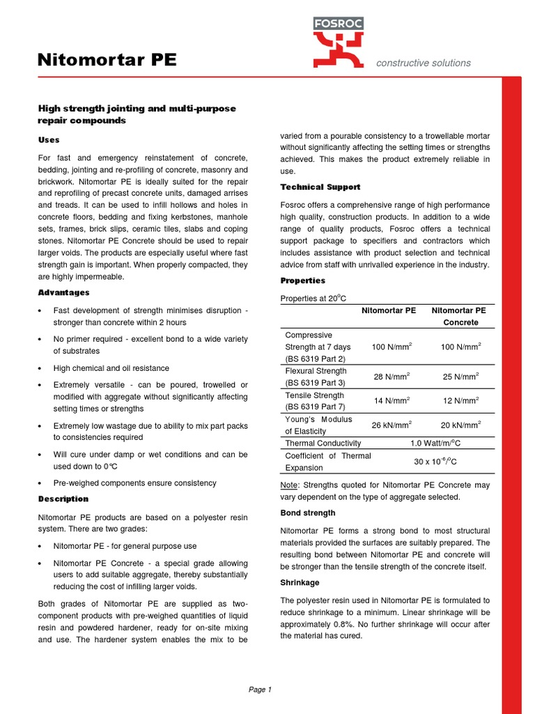 Fosroc Nitomortar PE | PDF | Casting (Metalworking) | Concrete
