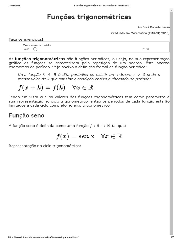 Funções Trigonométricas Matemática Infoescola Pdf Função