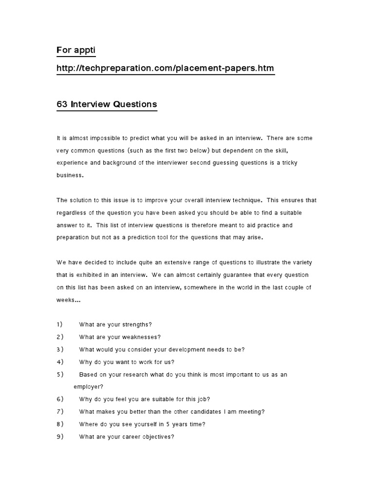 For Appti 63 Interview Questions | PDF | Interview | Behavioural Sciences