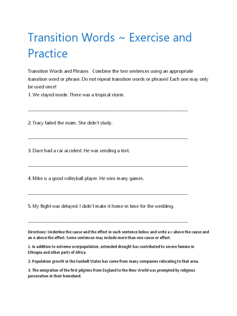 Transition Words Practice Exercises | PDF