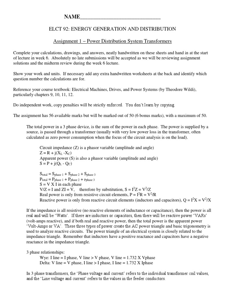 Elct 92 Transformer Assignment 1 Fall 2018 Pdf Ac Power 3130