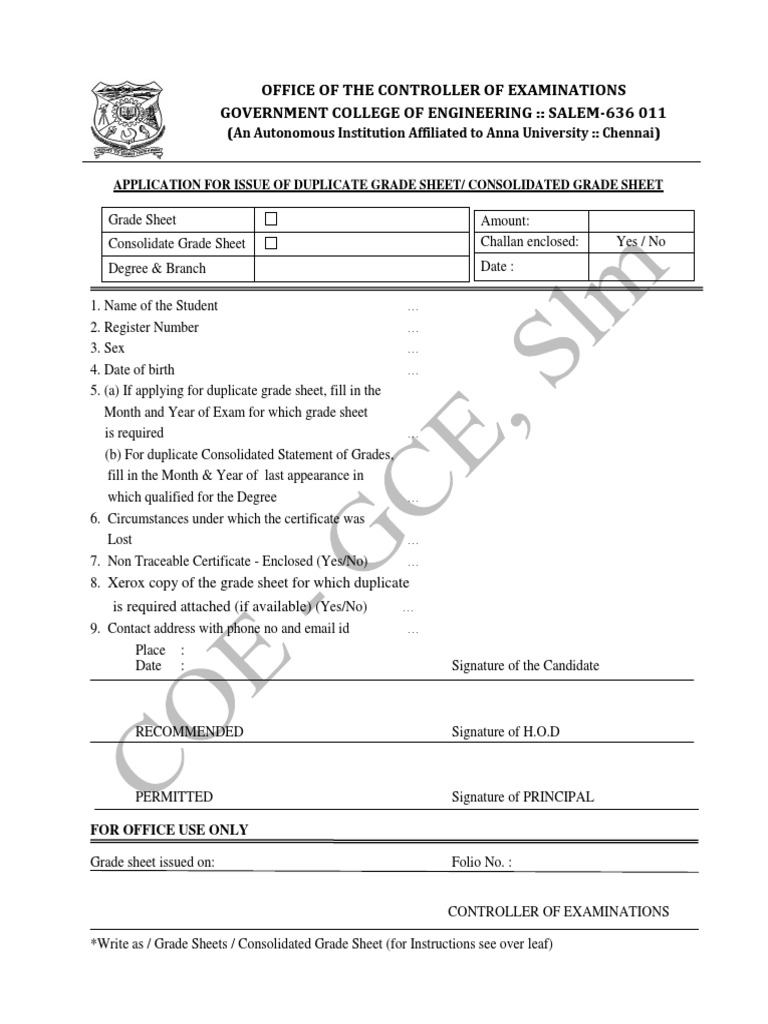Application for Issuance of Duplicate Grade Sheet or Consolidated Grade Sheet | PDF | Business