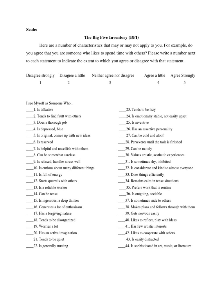 Scale The Big Five Inventory Bfi Pdf Psychology Psychological