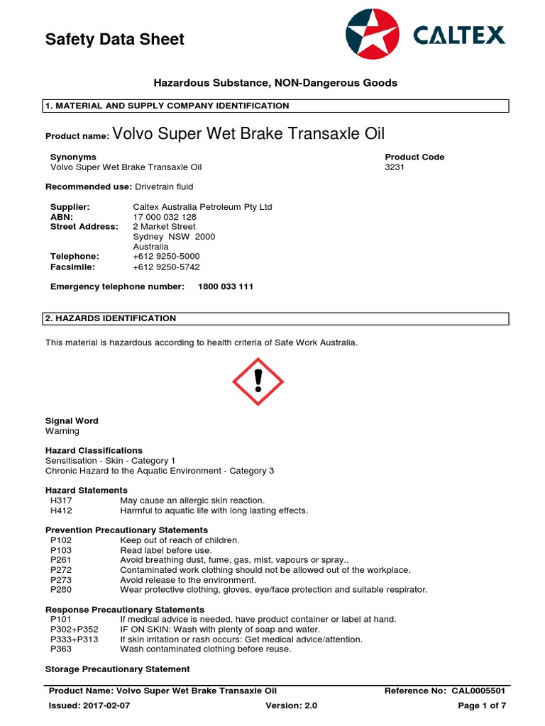 Volvo Super Wet Brake Oil SDS | PDF | Dangerous Goods | Toxicity