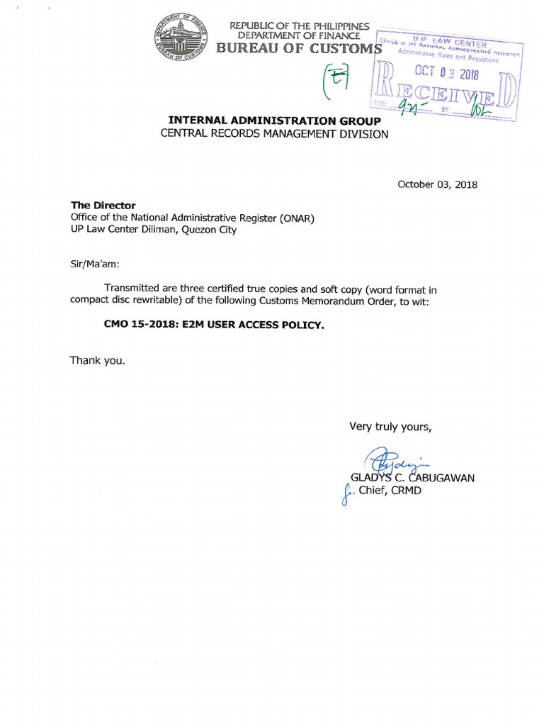 Bureau of Customs CMO-15-2018 E2M User Access Policy
