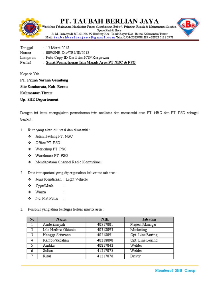 Surat Permohonan Pengajuan Izin Masuk Area PT NBC & PSG | PDF