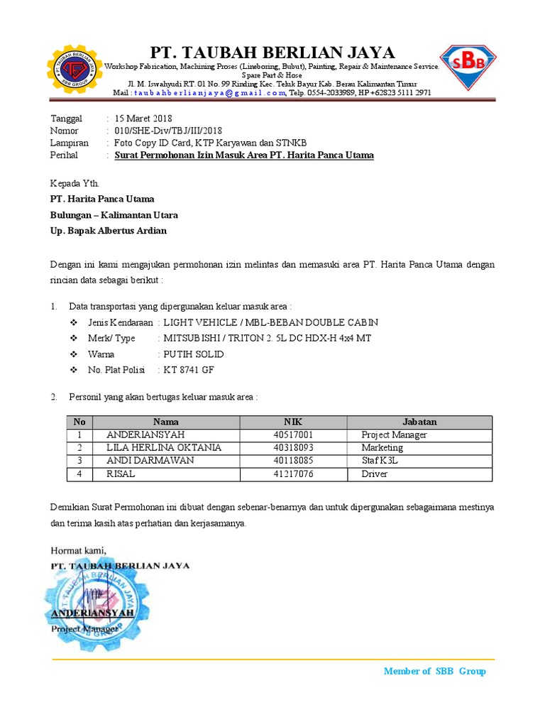Surat Permohonan Izin Masuk Area PT. Harita Panca Utama | PDF