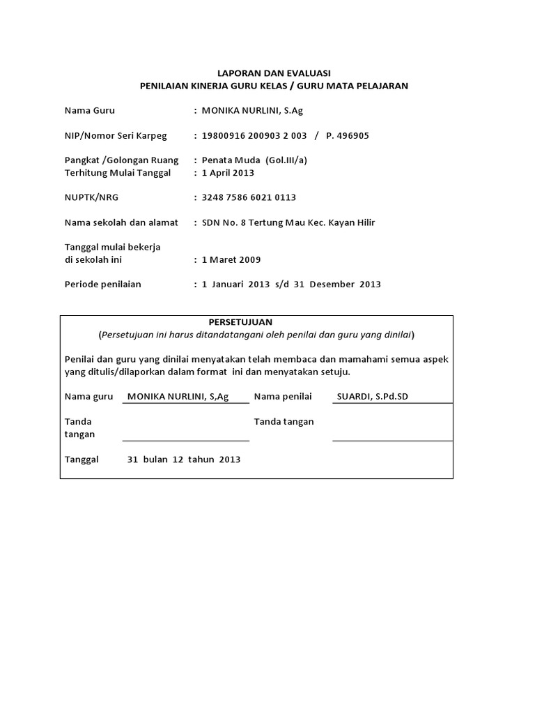 Contoh Pengisian PK GURU | PDF