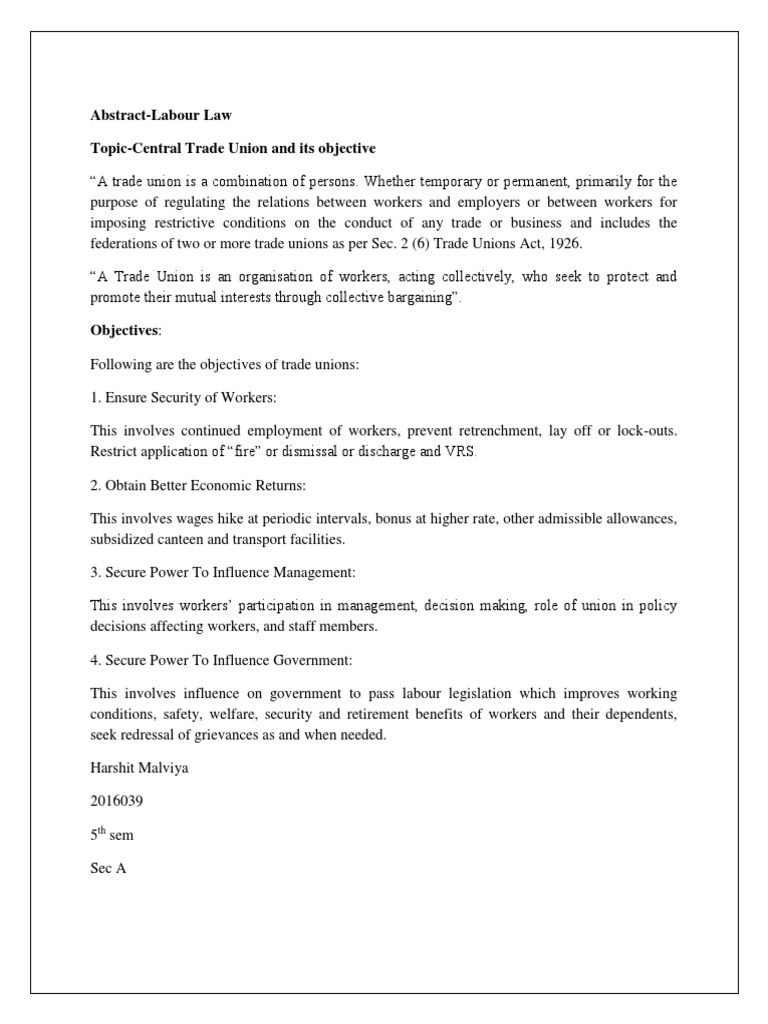 Abstract-Labour Law Topic-Central Trade Union and Its Objective | PDF