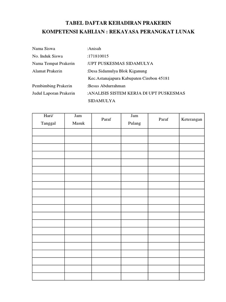 Tabel Kegiatan Harian Prakerin | PDF