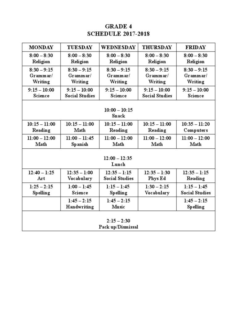 4th Grade Schedule | PDF