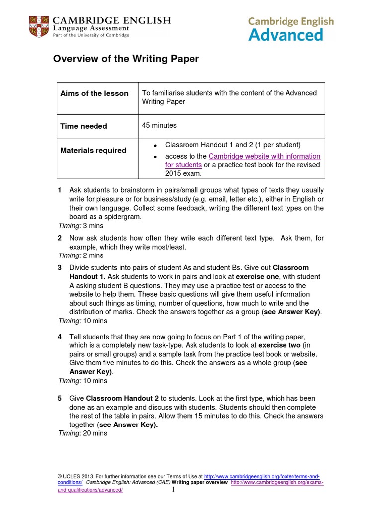 Cambridge English Advanced Cae From 2015 Writing Overview PDF | PDF ...