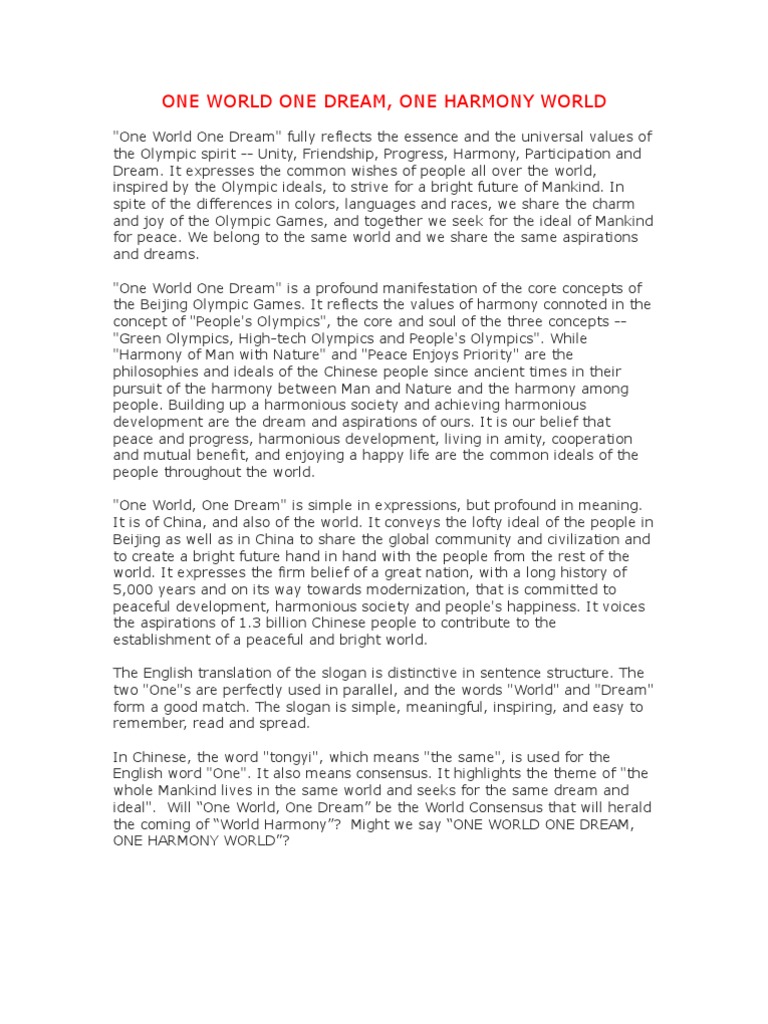 One World One Dream, One Harmony World PDF | PDF | China | World Politics