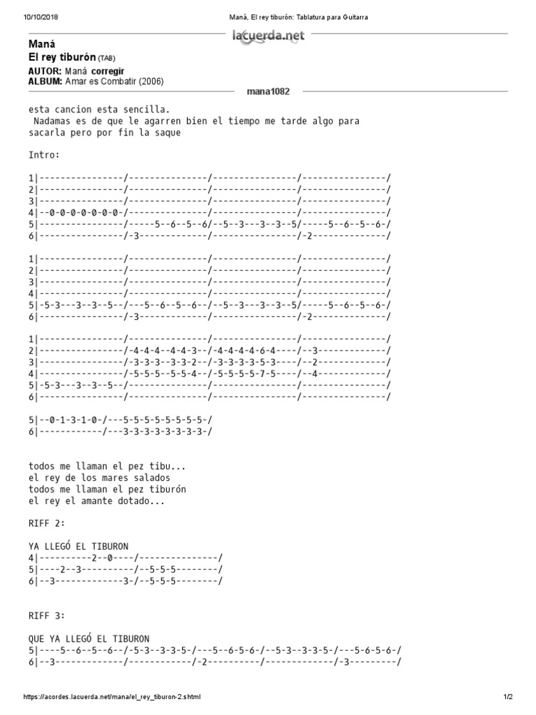 Maná, El Rey Tiburón - Tablatura para Guitarra | PDF | Álbumes | Música ...