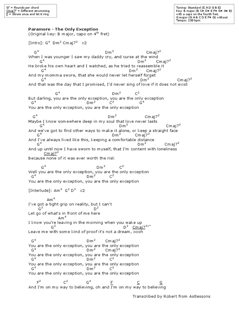 The Only Exception: Chord Chart and Lyrics for Paramore Song | PDF ...