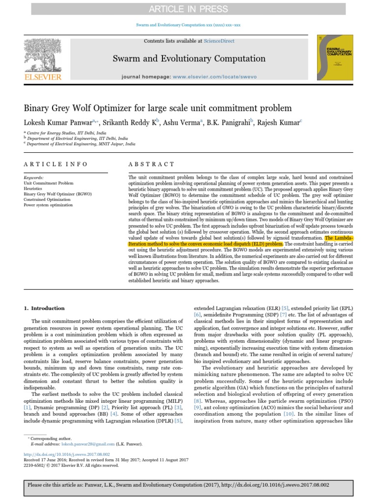 2017-Binary Grey Wolf Optimizer For Large Scale Unit Commitment Problem | PDF | Pack (Canine ...