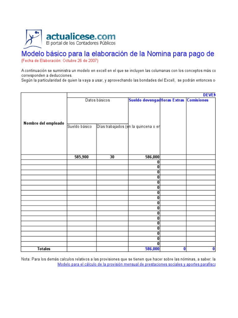 Modelo Basico de Nomina | PDF | Salario | Pensión