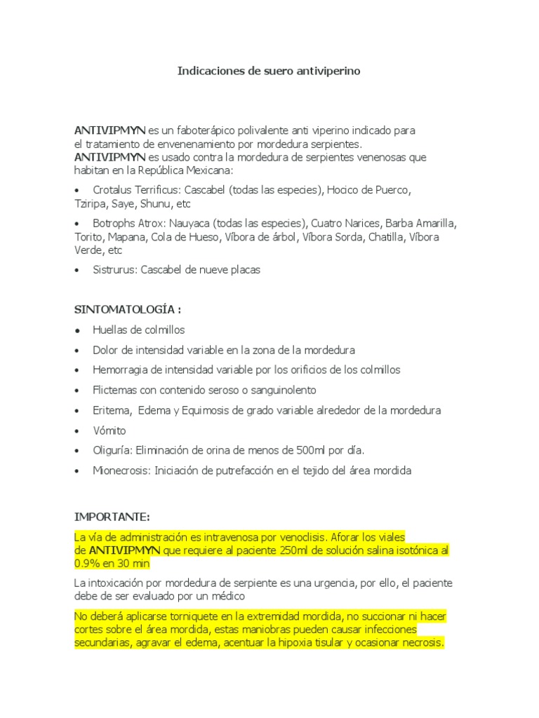 Indicaciones de Suero Antiviperino | Rtt | Especialidades Medicas
