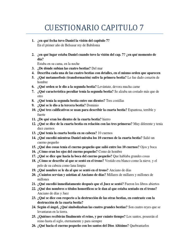 Cuestionario Capitulo 7 Respuestas | PDF | Daniel (figura bíblica) | Violencia