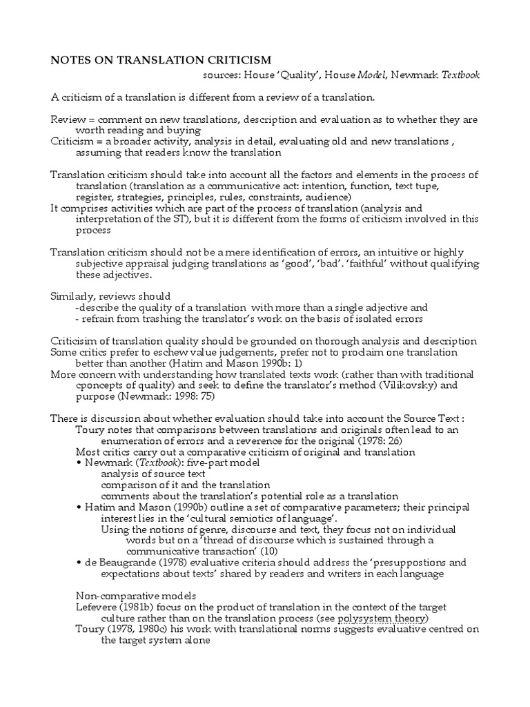 Notes On Translation Criticism PDF | PDF | Criticism | Translations