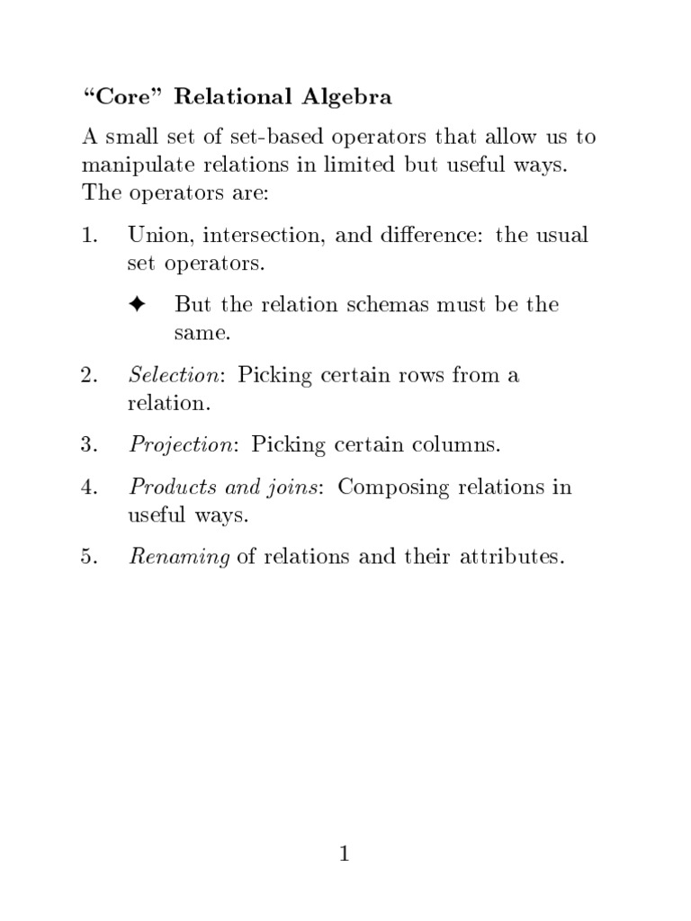 core" Relational Algebra: Selection Projection Products and Joins ...