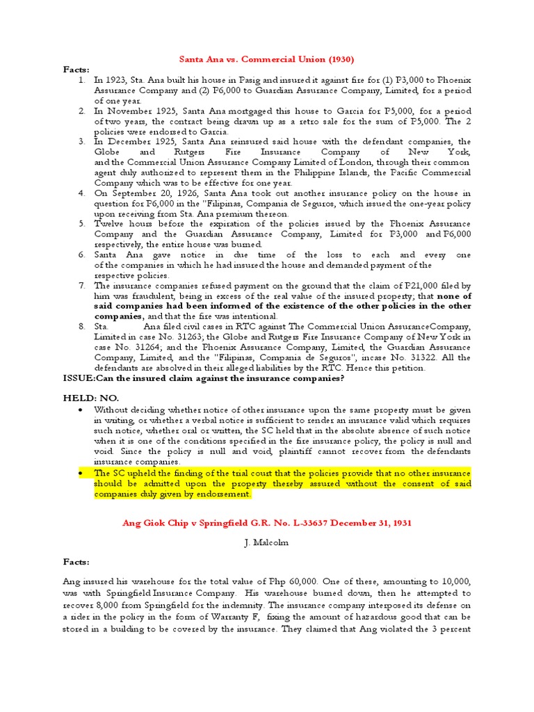 Santa Ana vs. Commercial Union insurance case analysis | PDF ...