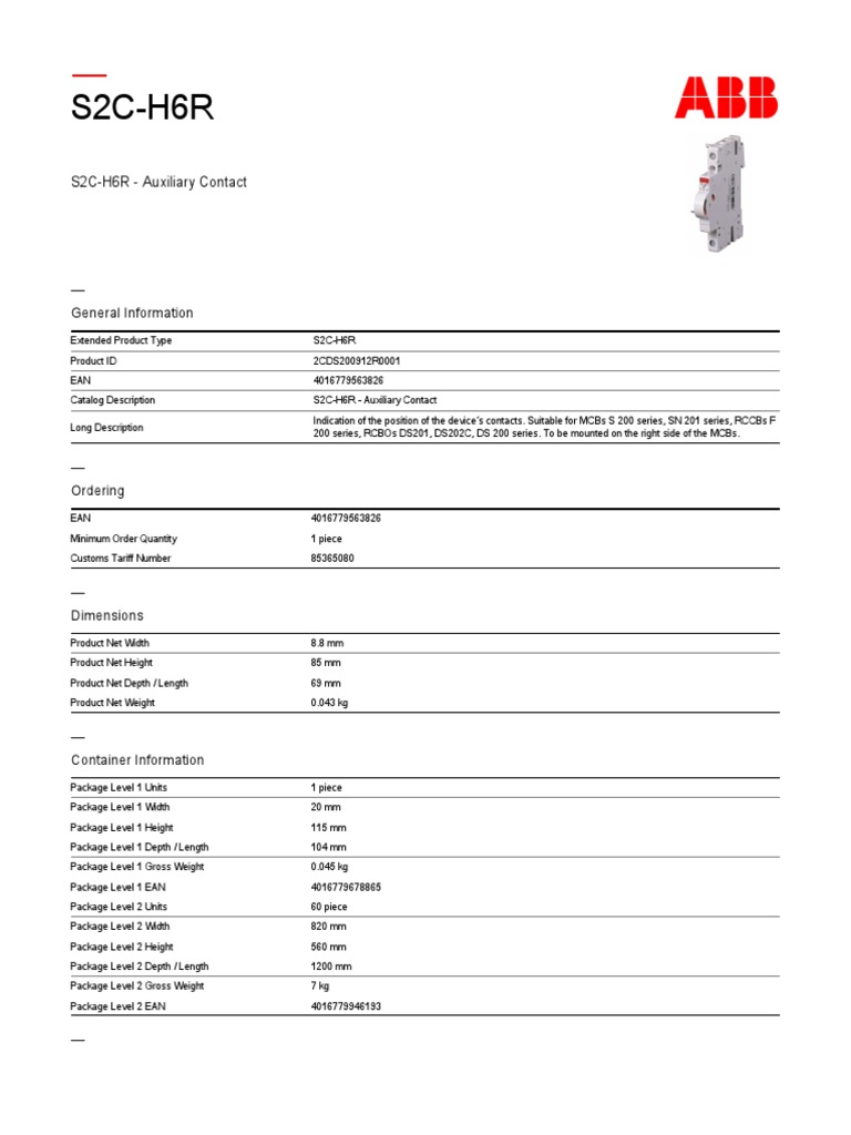 2CDS200912R0001 s2c h6r Auxiliary Contact | PDF | Electrical Equipment ...
