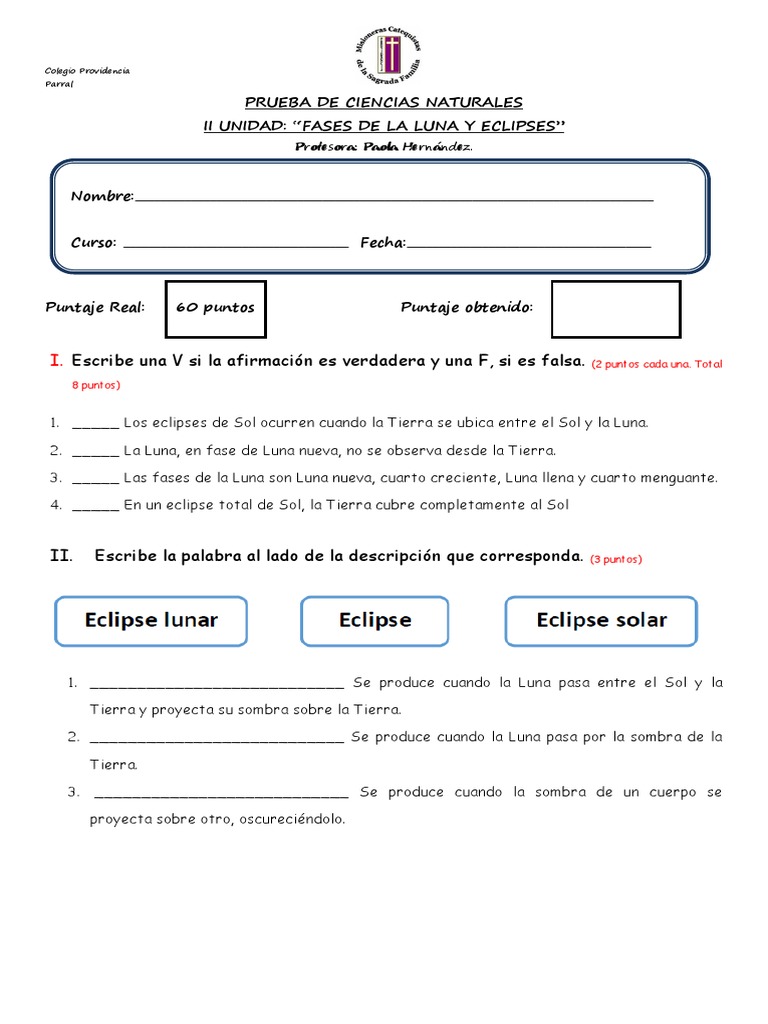 Prueba de Las fases de La Luna y Eclipses | Eclipse | Luna