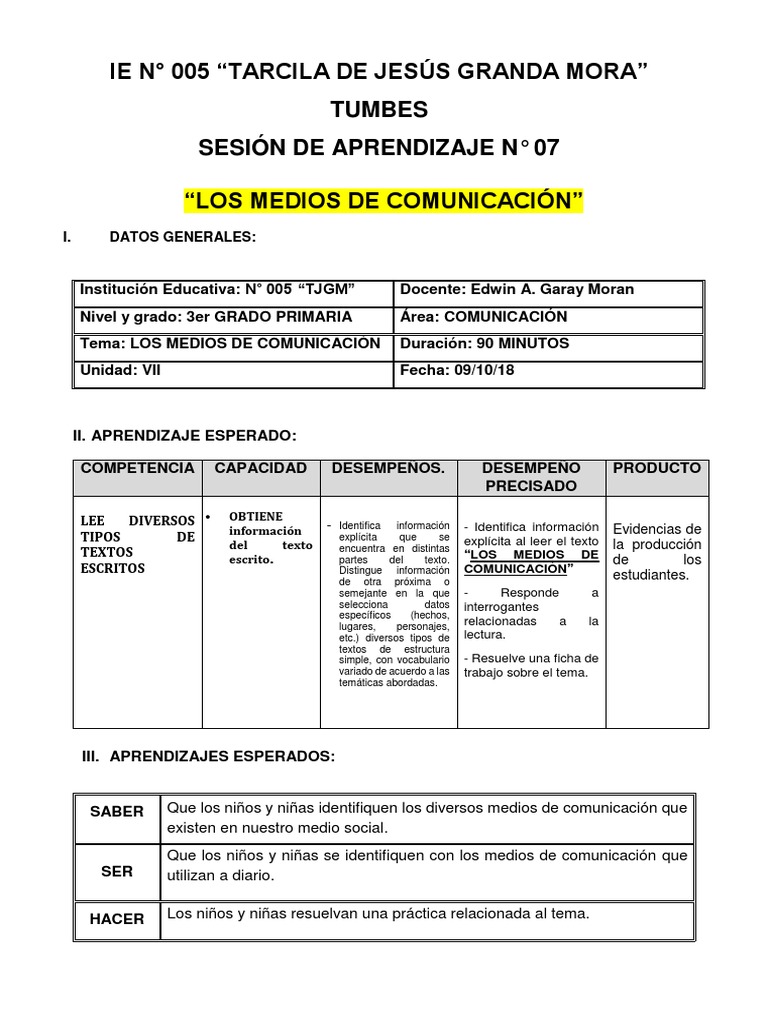 Sesión de Aprendizaje: Medios de Comunicación | PDF | Lectura (proceso ...
